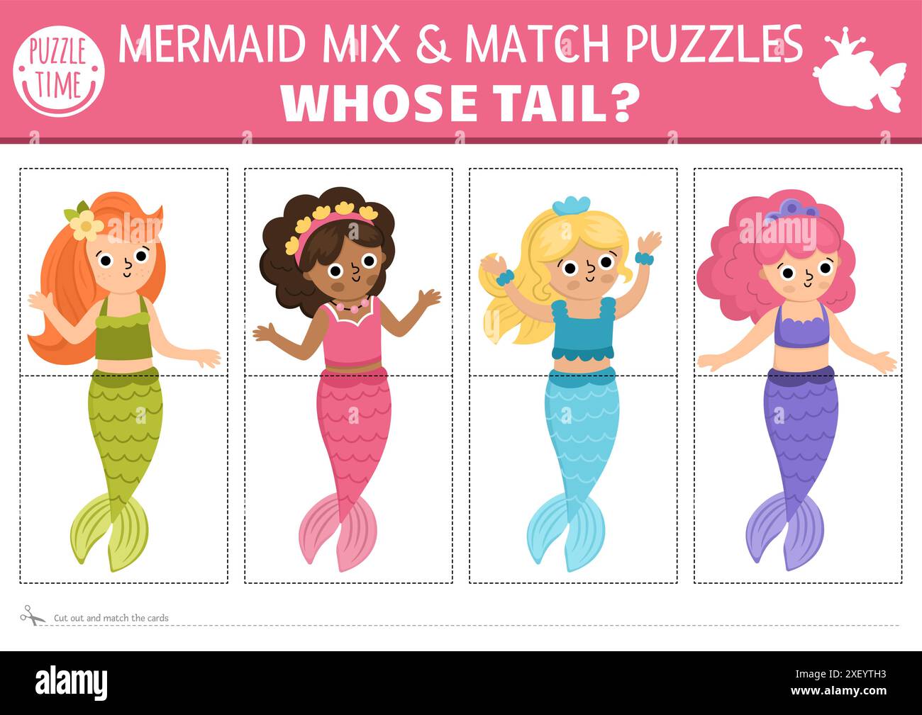 Vector mermaid mix and match puzzle with cute mermaids and colored ...