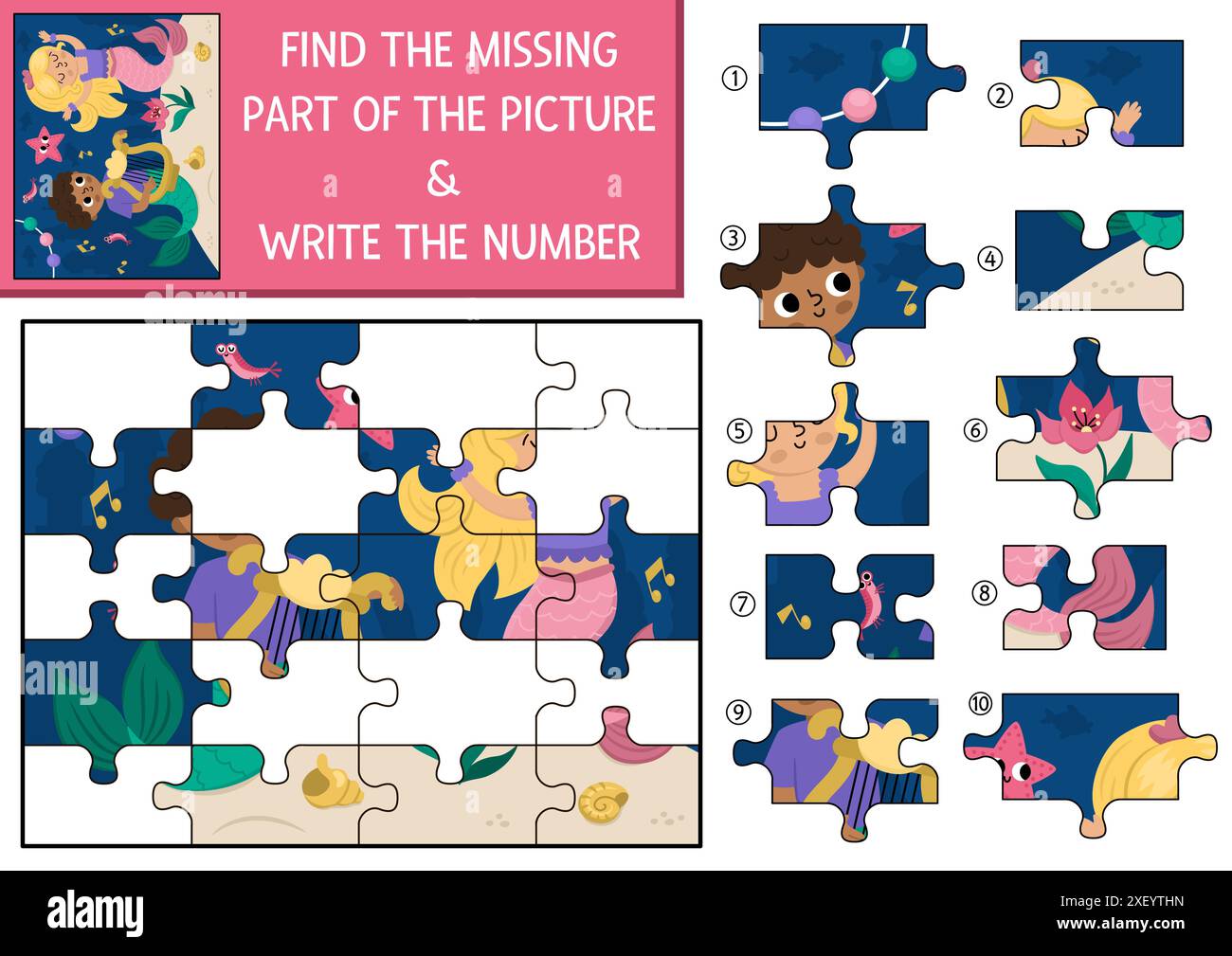 Vector mermaid cut and glue or matching activity with jigsaw puzzle ...