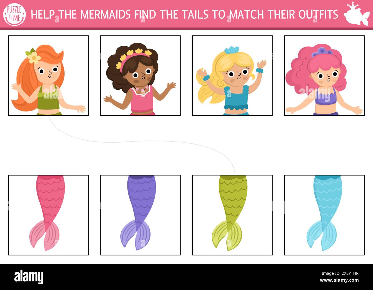 Mermaid matching activity with colored tail. Marine puzzle with sea ...