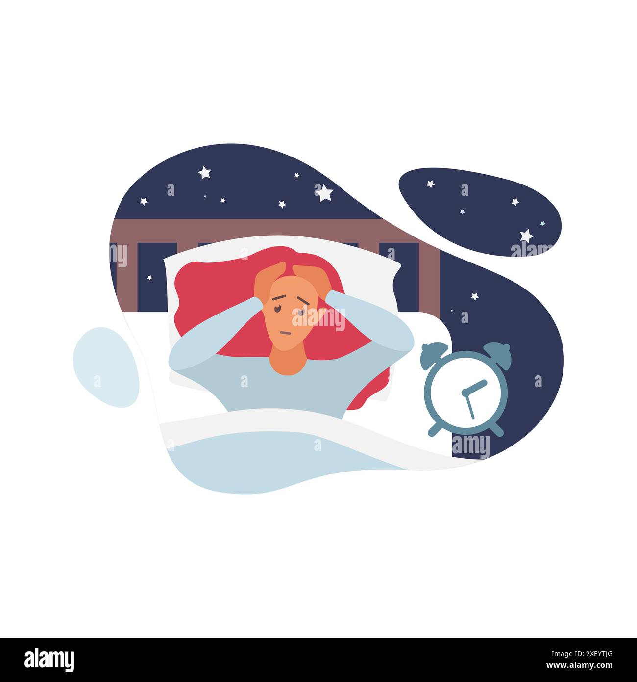 Sad woman lying in bed suffering from insomnia and depression vector ...