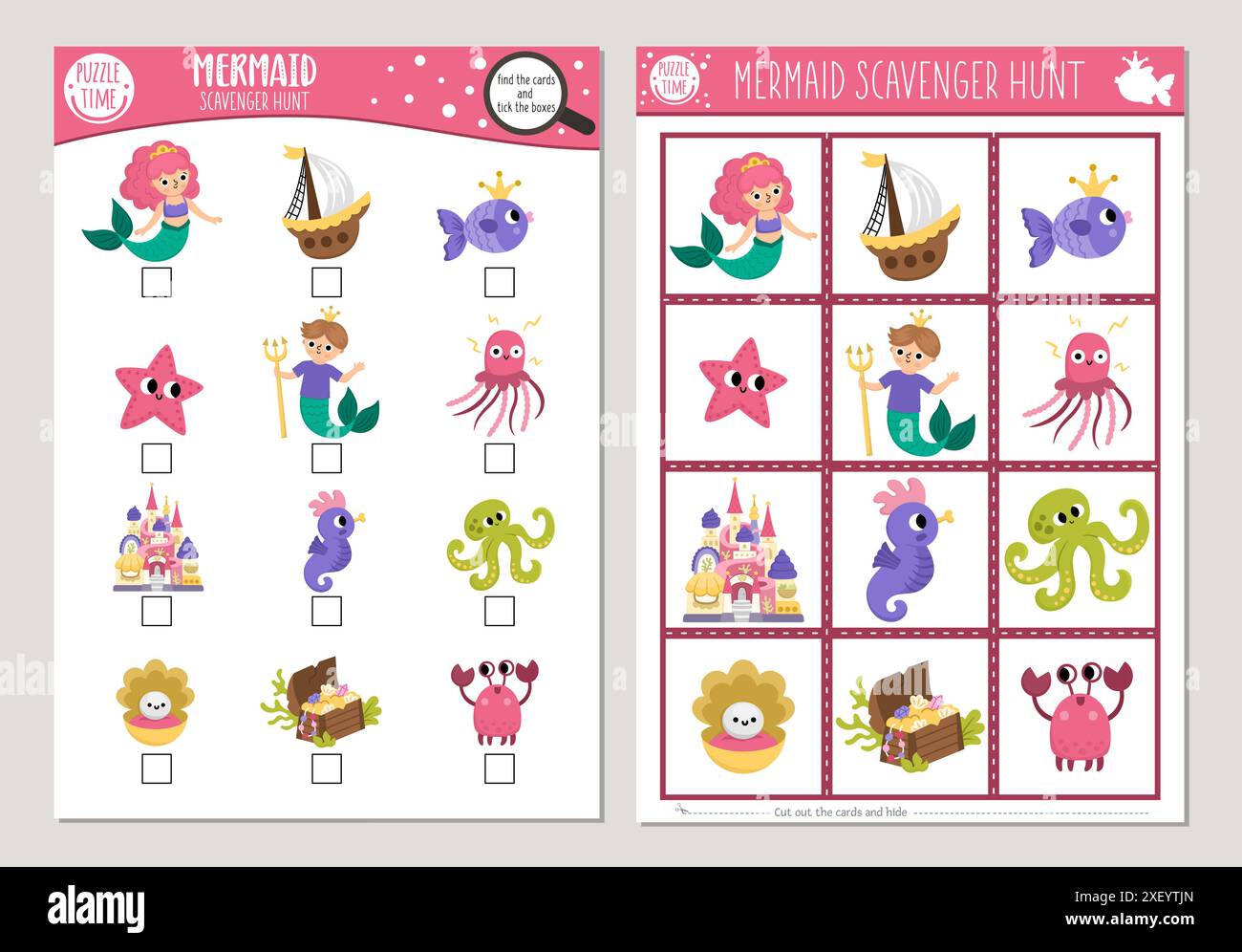 Vector mermaid scavenger hunt cards set. Seek and find game with cute ...