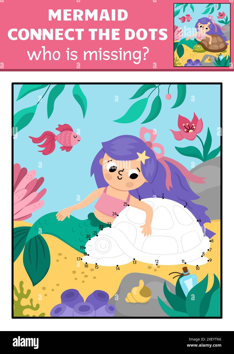 Vector mermaid dot-to-dot and color activity with sea princess, turtle ...
