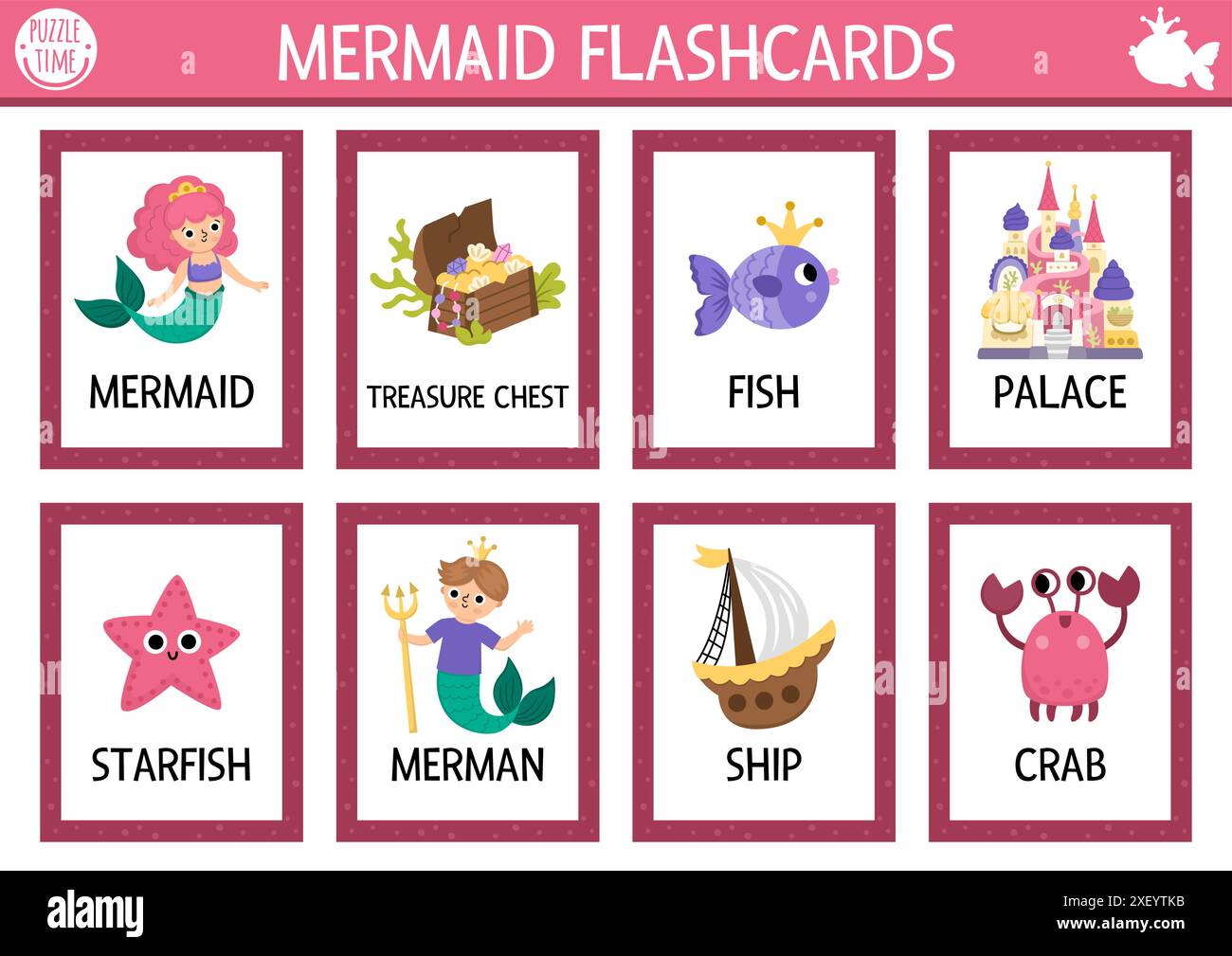 Vector mermaid flash cards set with sea princess, palace, ship, merman ...