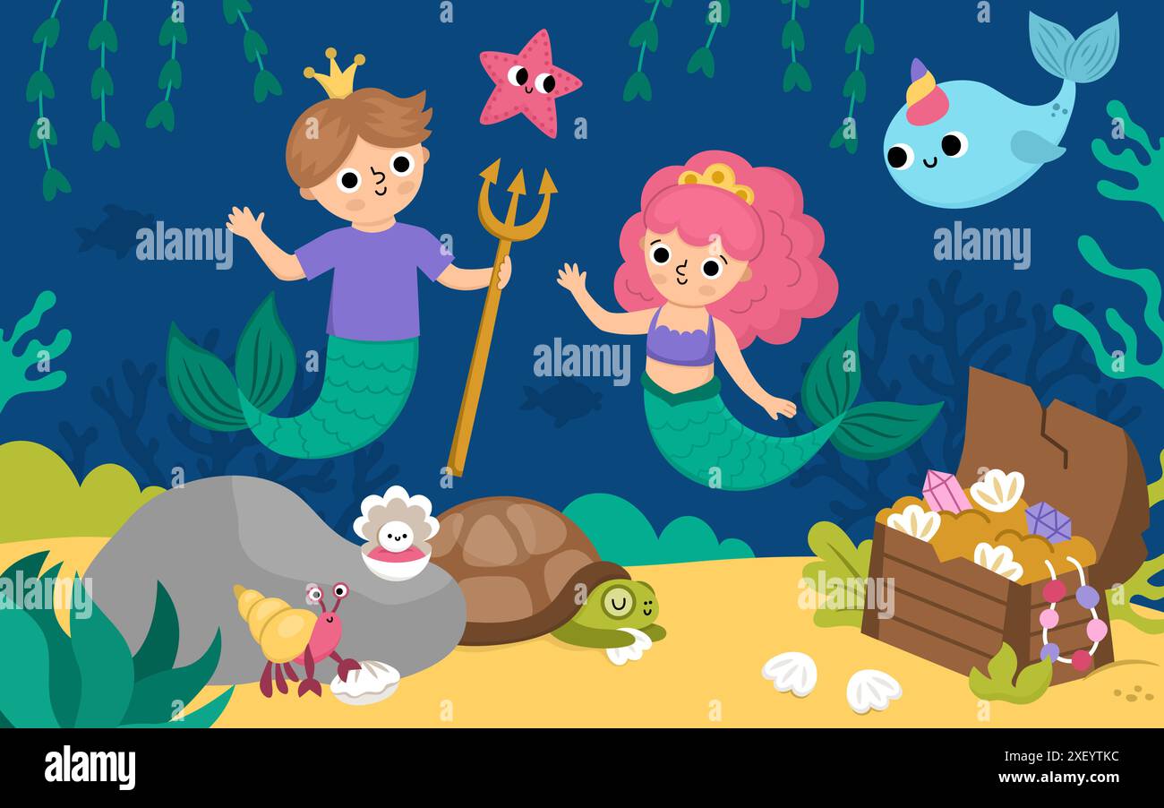 Vector landscape illustration with mermaid and boy with trident, crown ...