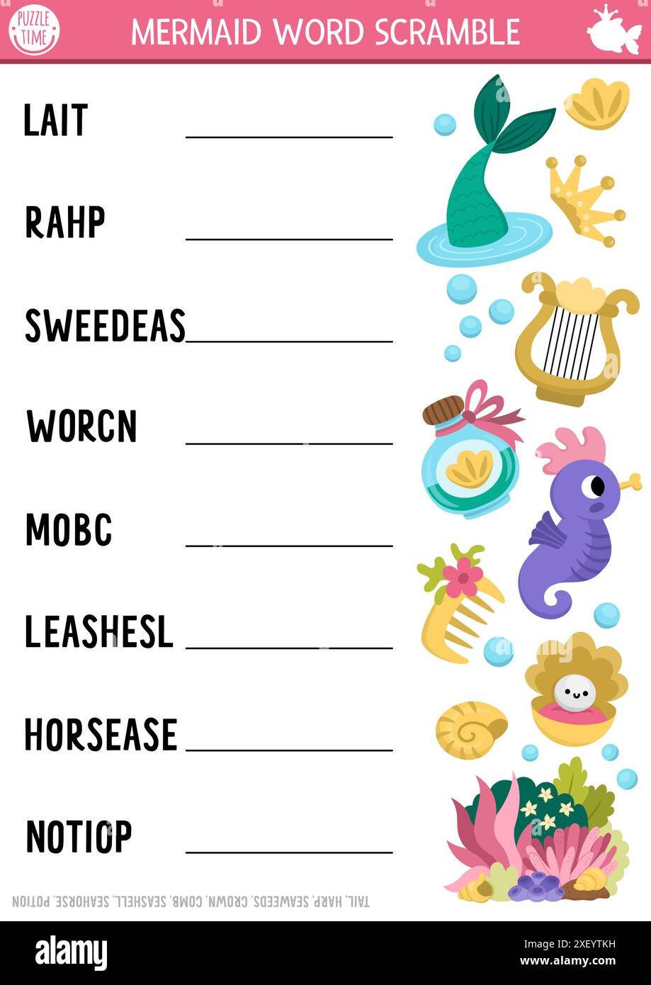 Vector mermaid word scramble activity page. English language game with ...