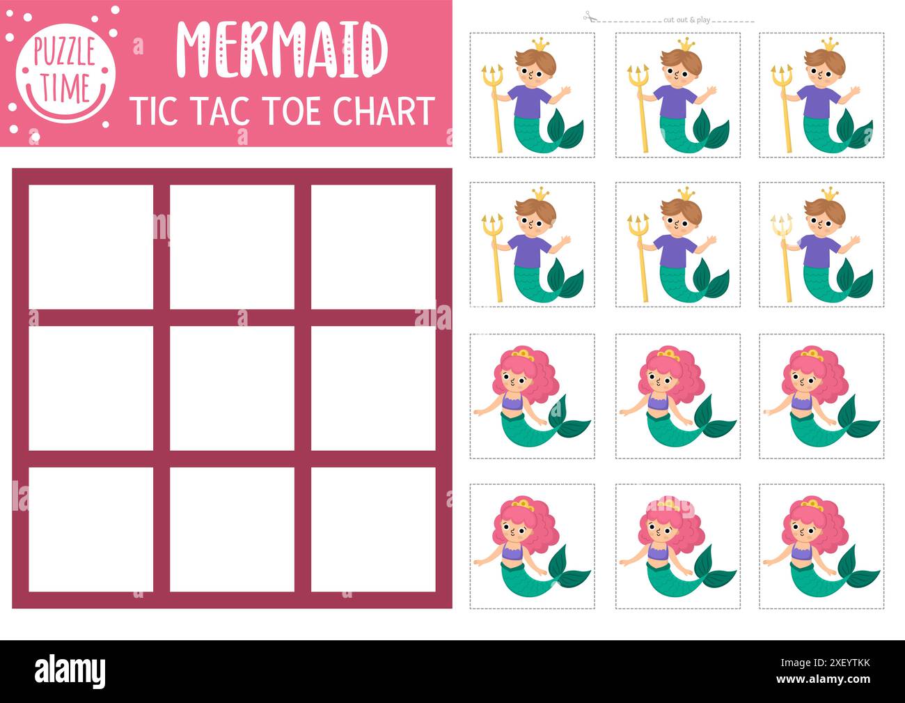Vector mermaid tic tac toe chart with merman and sea princess. Ocean ...