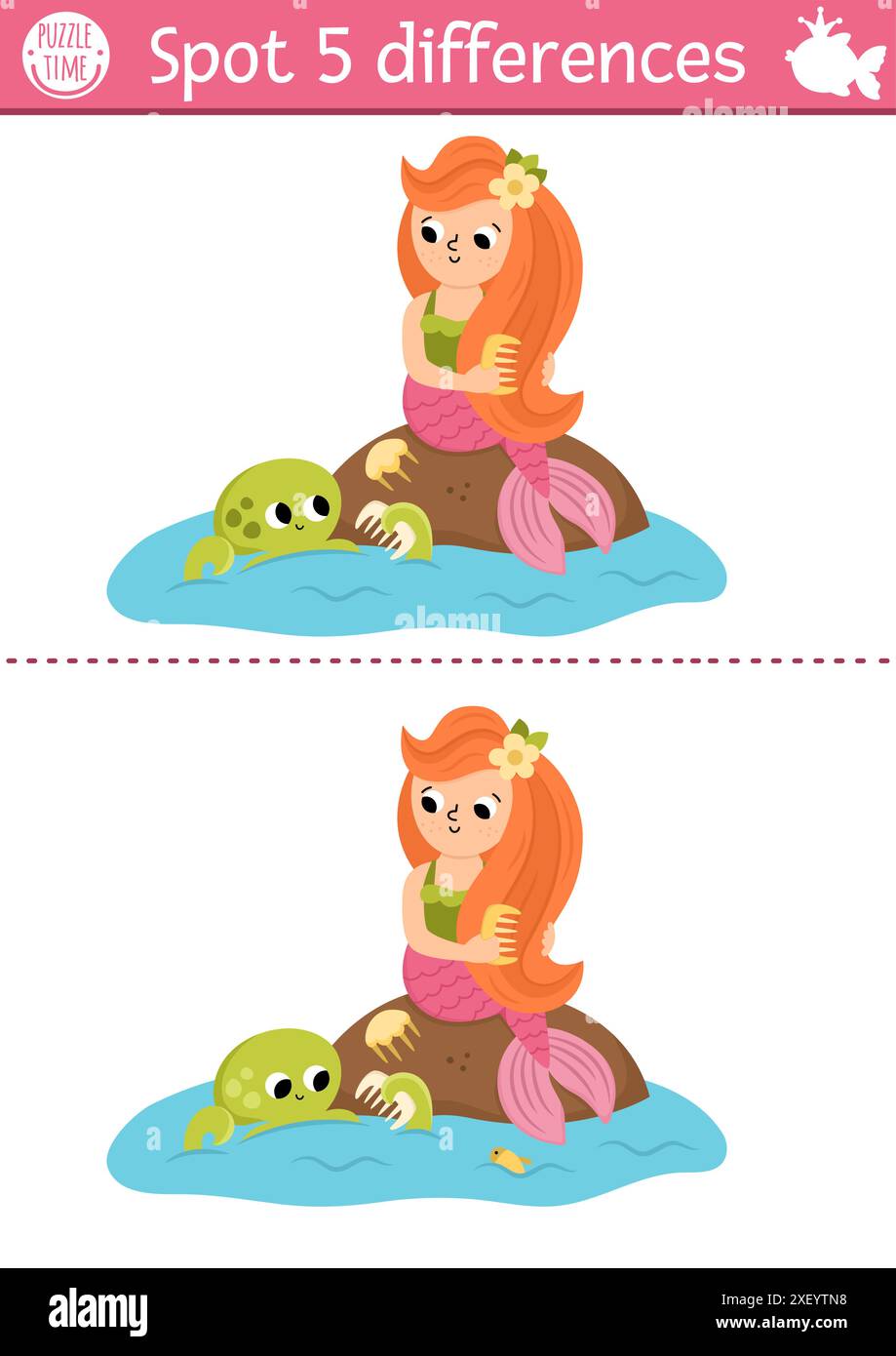 Find differences game for children. Mermaid educational activity with ...