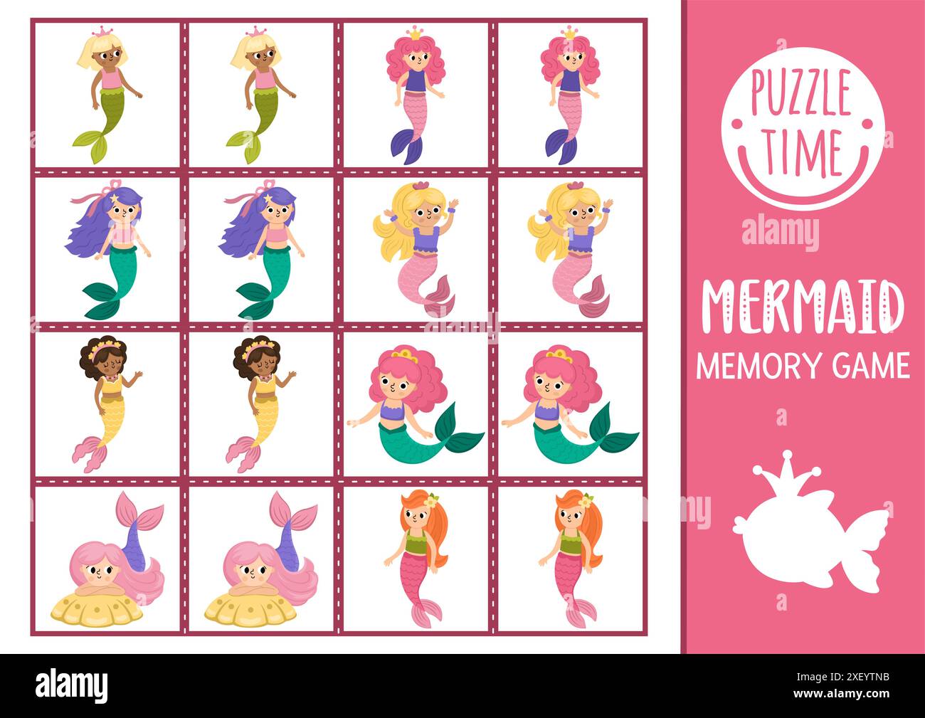 Vector mermaid memory game cards with cute sea princess. Ocean kingdom ...
