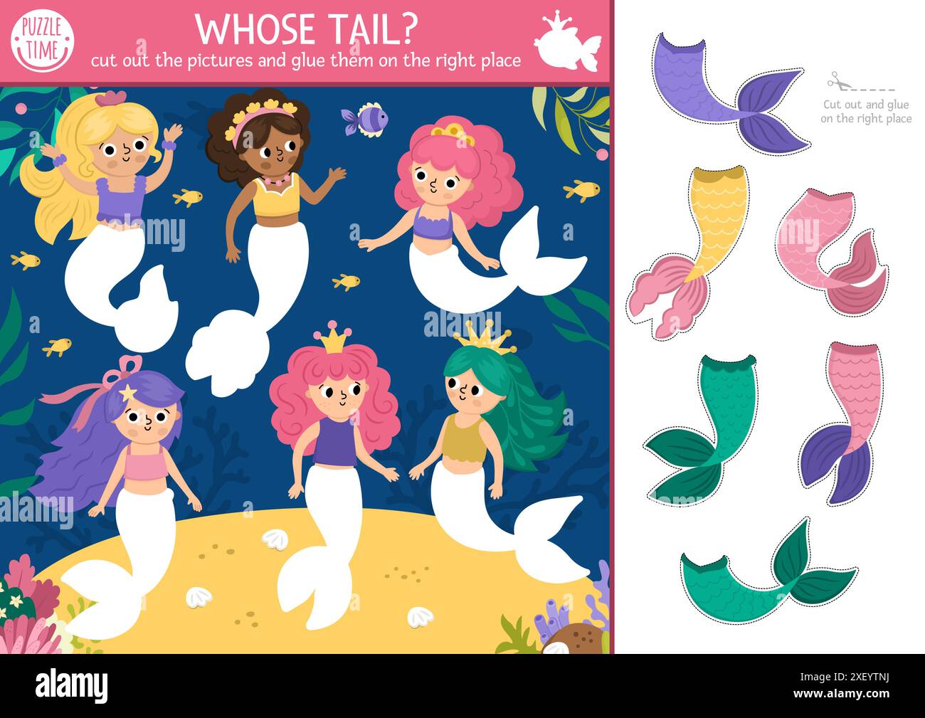 Vector mermaid cut and glue activity. Crafting game with cute ...