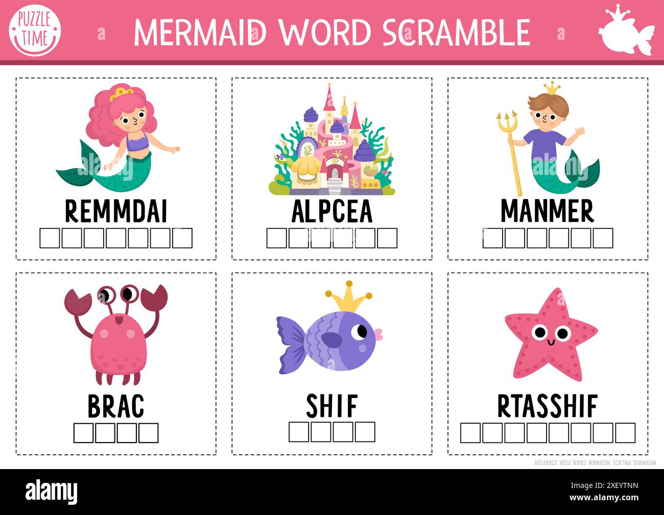 Vector mermaid activity page with word scramble cards. English language ...
