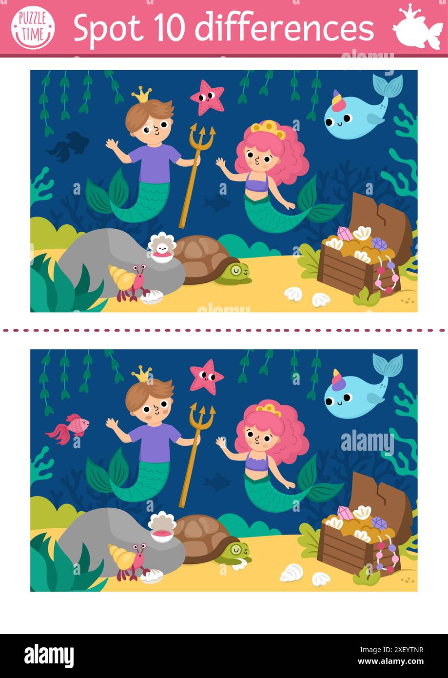 Find differences game for children. Mermaid educational activity with ...