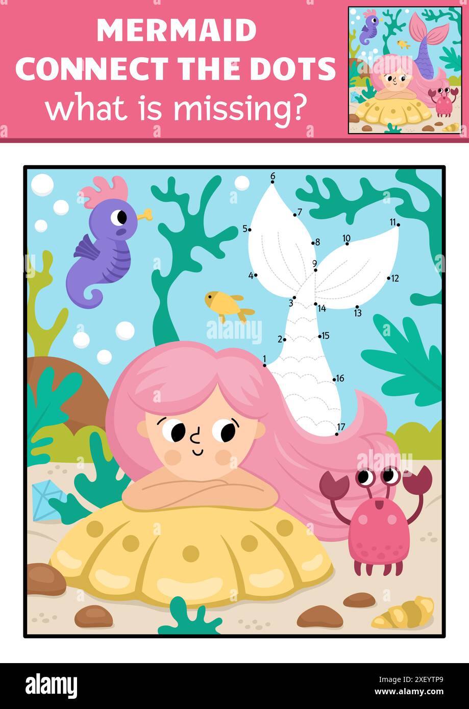 Vector mermaid dot-to-dot and color activity with sea princess, colored ...