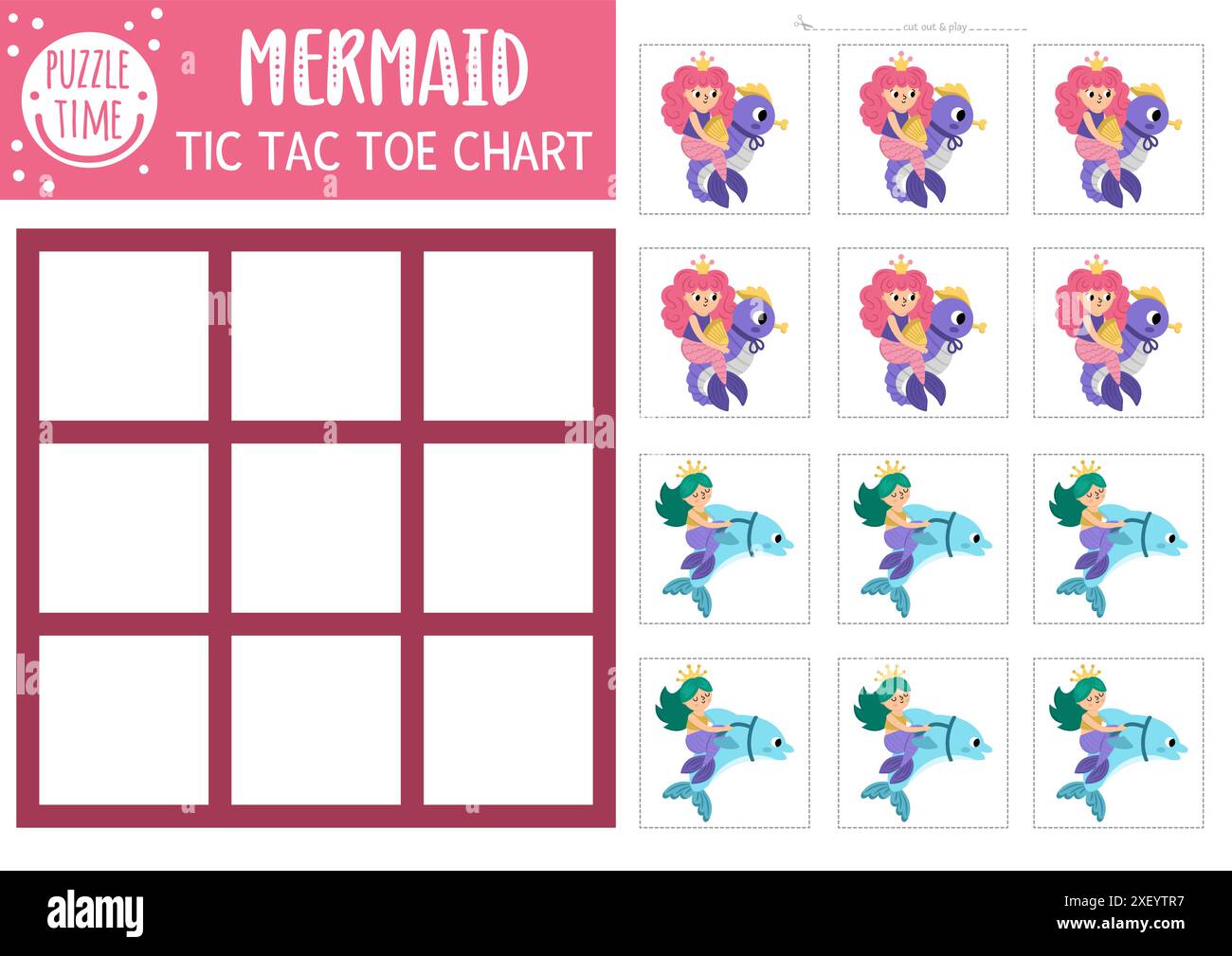 Vector mermaid tic tac toe chart with sea princess riding seahorse ...