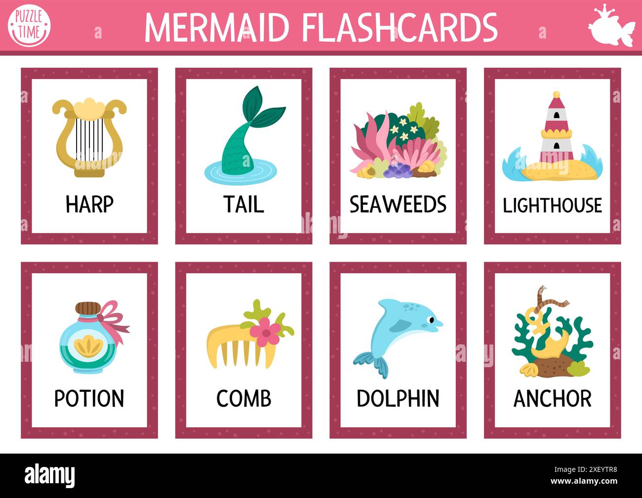 Vector mermaid flash cards set with sea princess, dolphin, tail ...