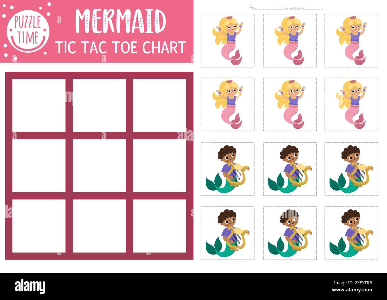 Vector mermaid tic tac toe chart with merman and sea princess. Ocean ...