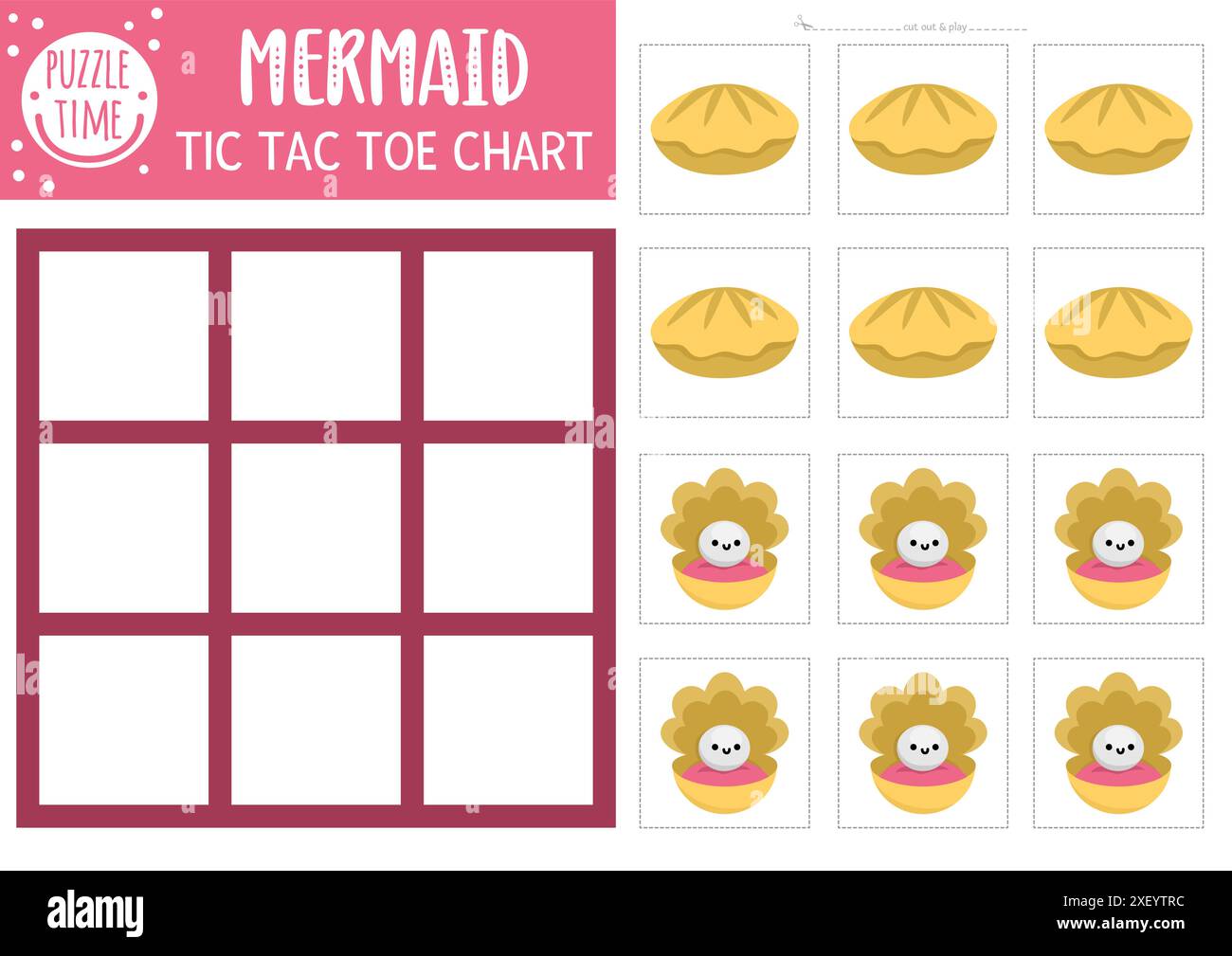 Vector mermaid tic tac toe chart with seashell and pearl. Ocean kingdom ...