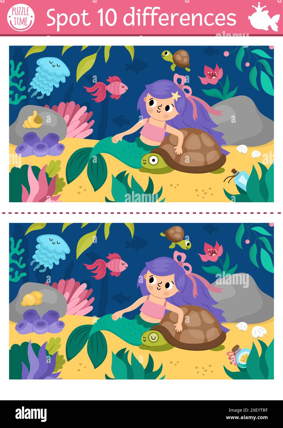 Find differences game for children. Mermaid educational activity with ...