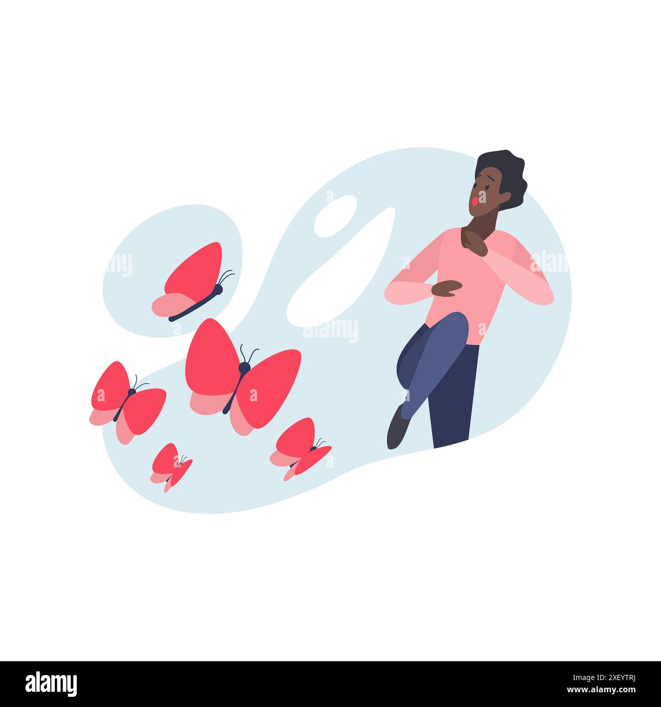 Man looking at flying butterfly with anxiety, male character afraid of ...