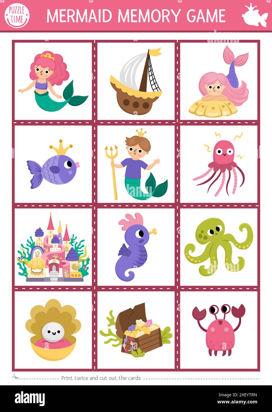 Vector mermaid memory game cards with cute sea princess, palace, merman ...