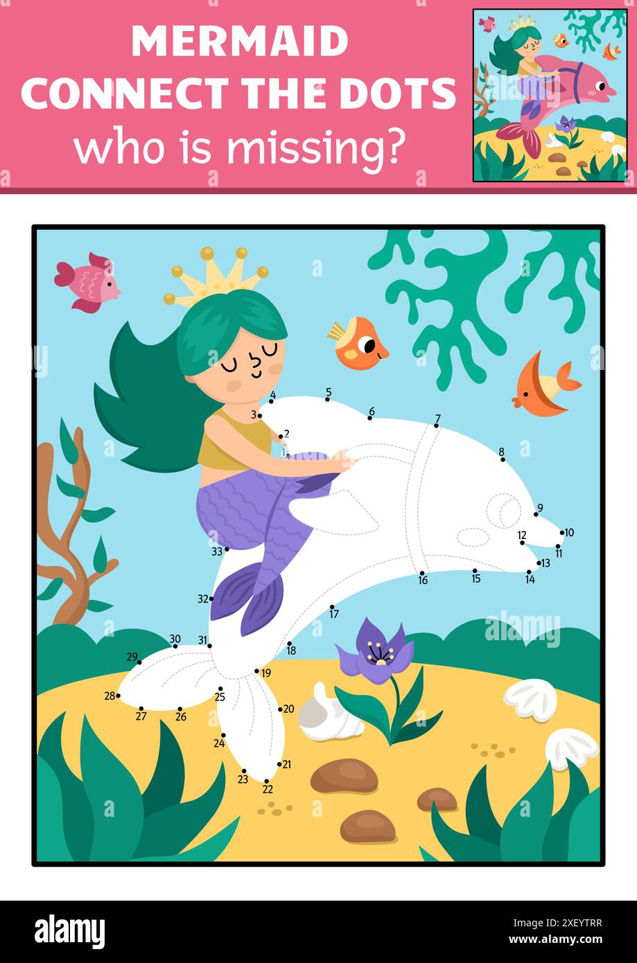 Vector mermaid dot-to-dot and color activity with sea princess, dolphin ...