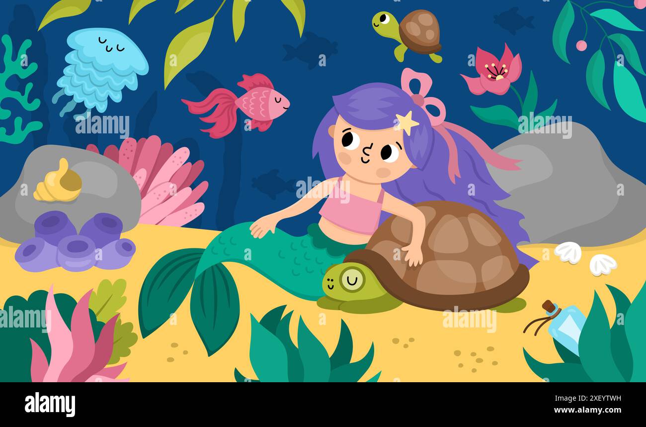 Vector landscape illustration with mermaid with purple hair sitting on ...