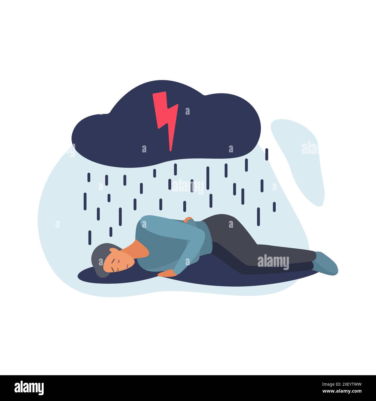 Sad man lying under rain from dark cloud of depression and anxiety ...