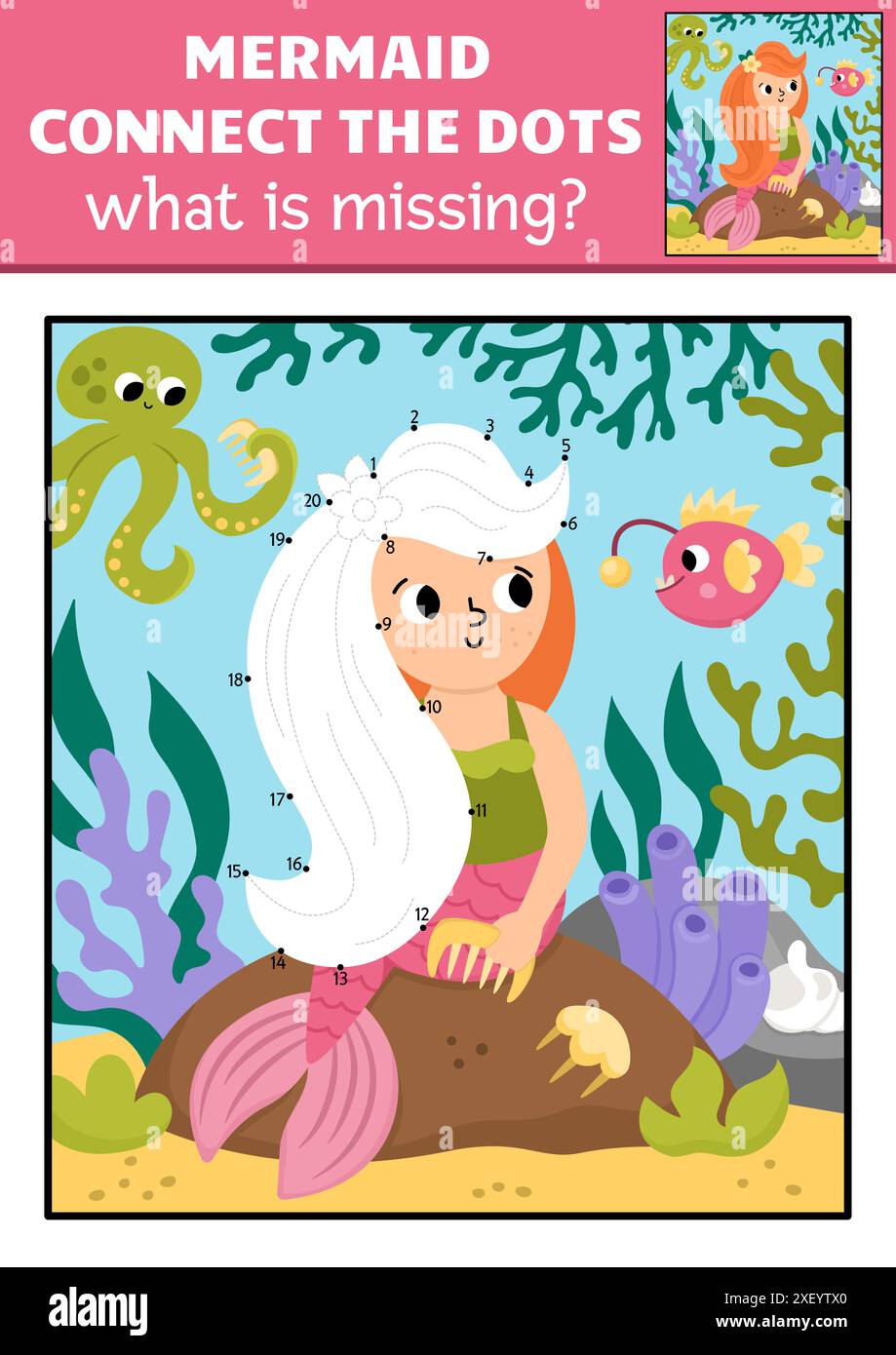Vector mermaid dot-to-dot and color activity with sea princess, colored ...