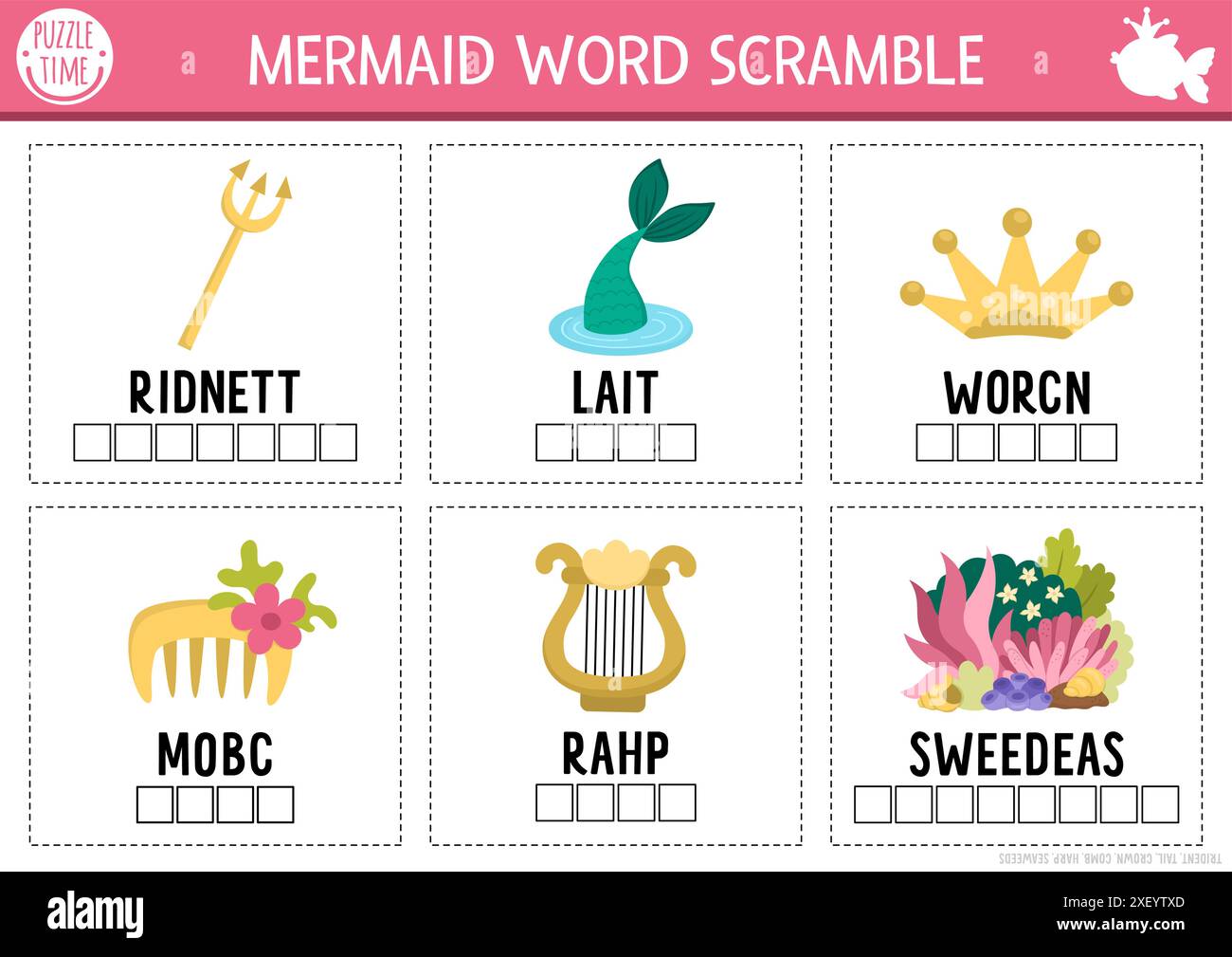 Vector mermaid activity page with word scramble cards. English language ...