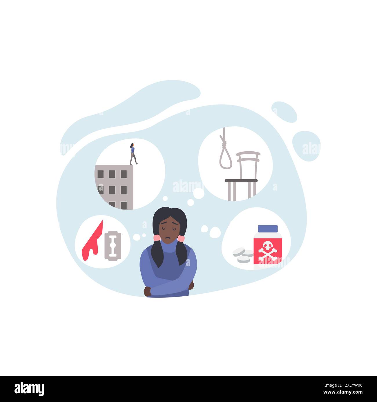 Female character in stress and depression thinking about suicide vector ...