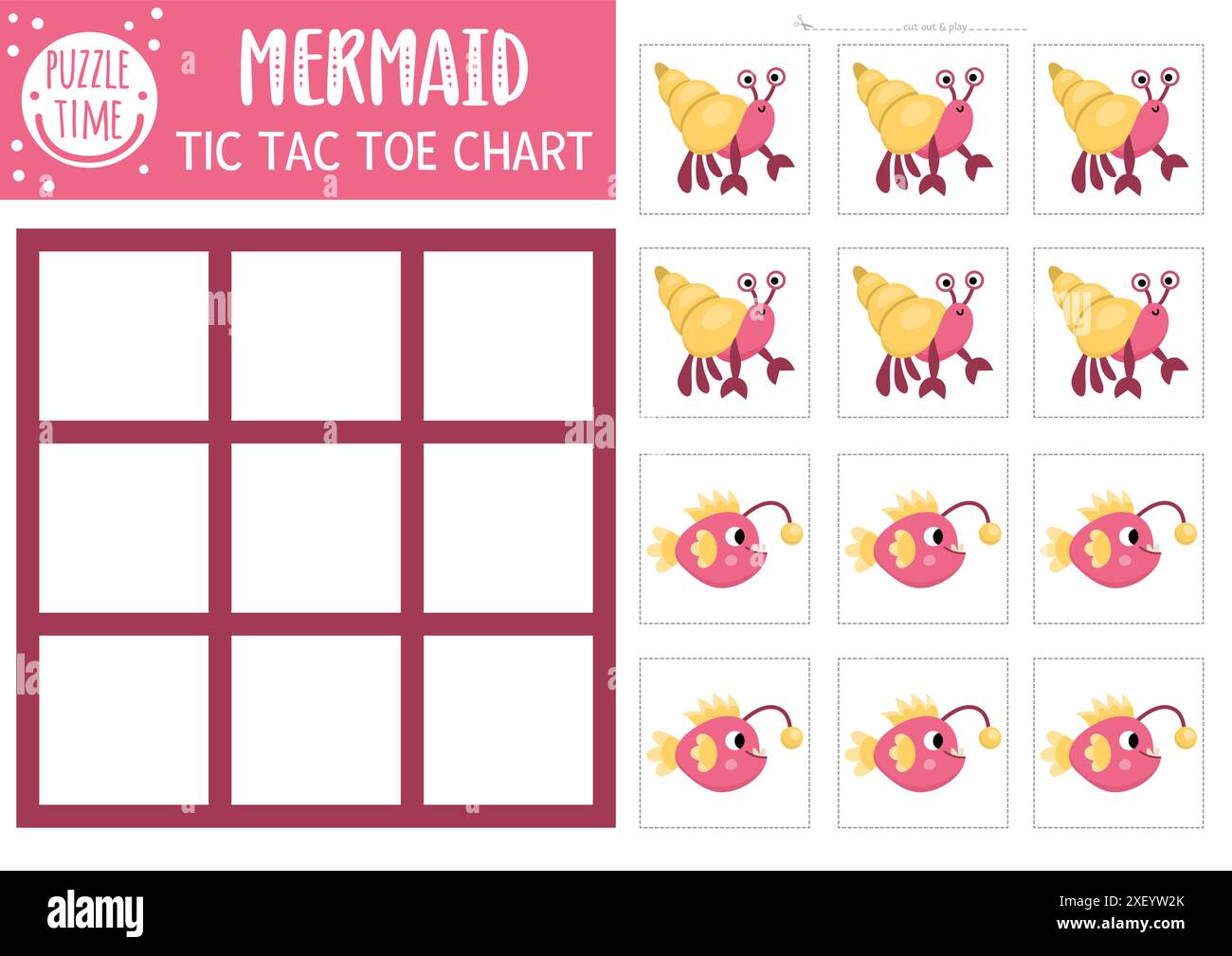 Vector mermaid tic tac toe chart with hermit crab and angler fish ...