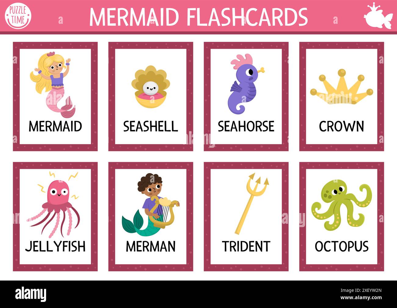 Vector mermaid flash cards set with sea princess, octopus, trident ...