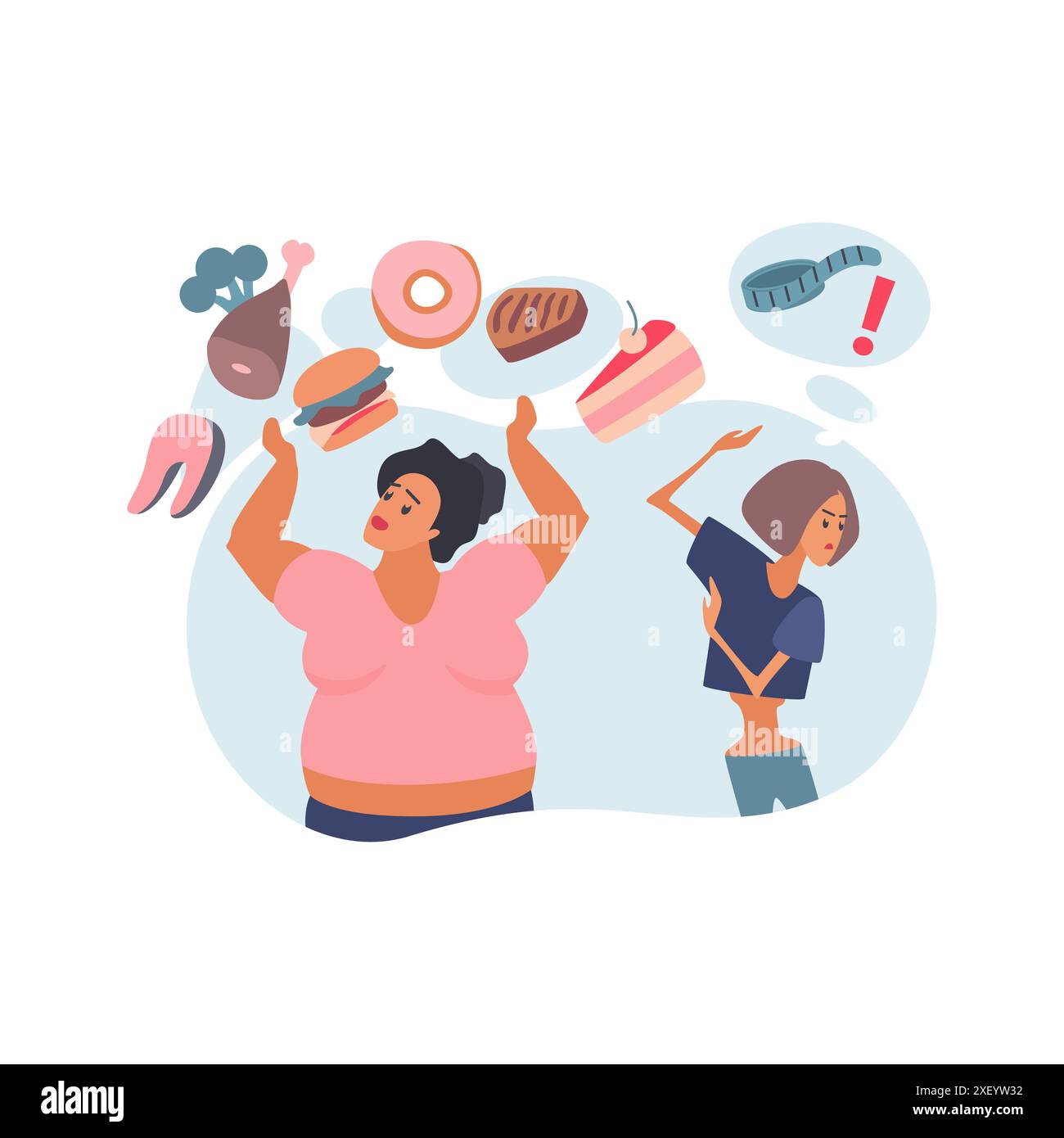 Female characters with eating problems, anorexia and obesity vector ...