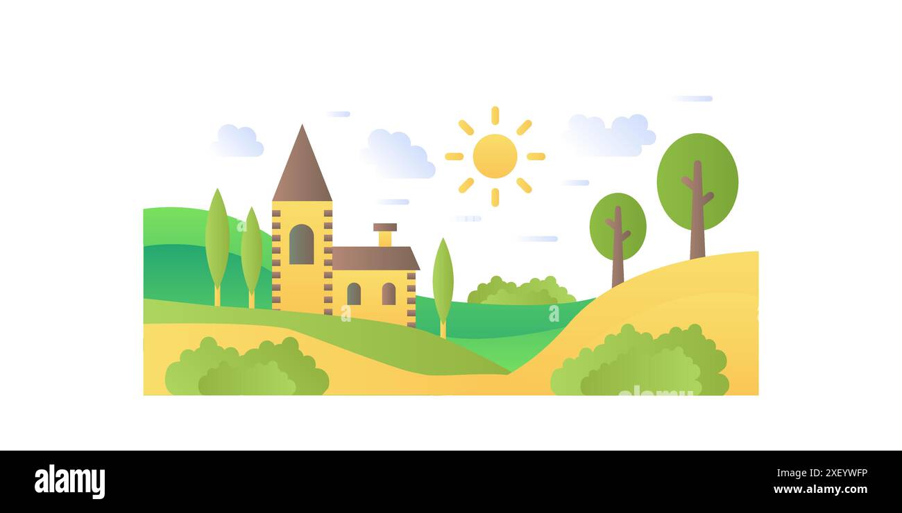 Summer landscape with medieval building on green lawn, historical ...