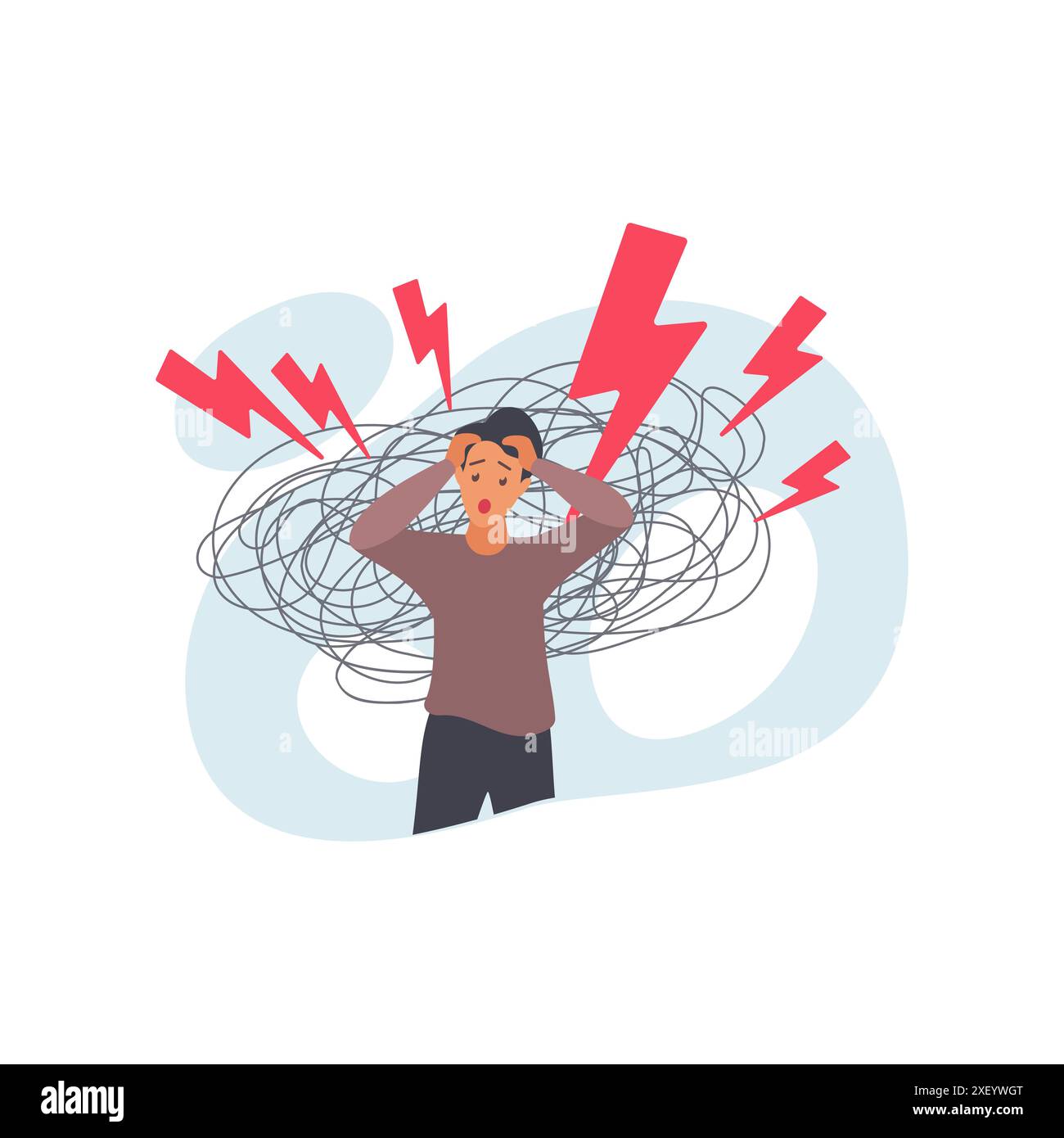 Man holding head in panic and anxiety, over male character lightning ...