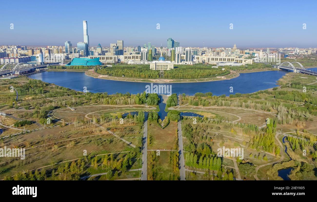 The aerial view of Presidential park in Astana and Presidential Palace ...
