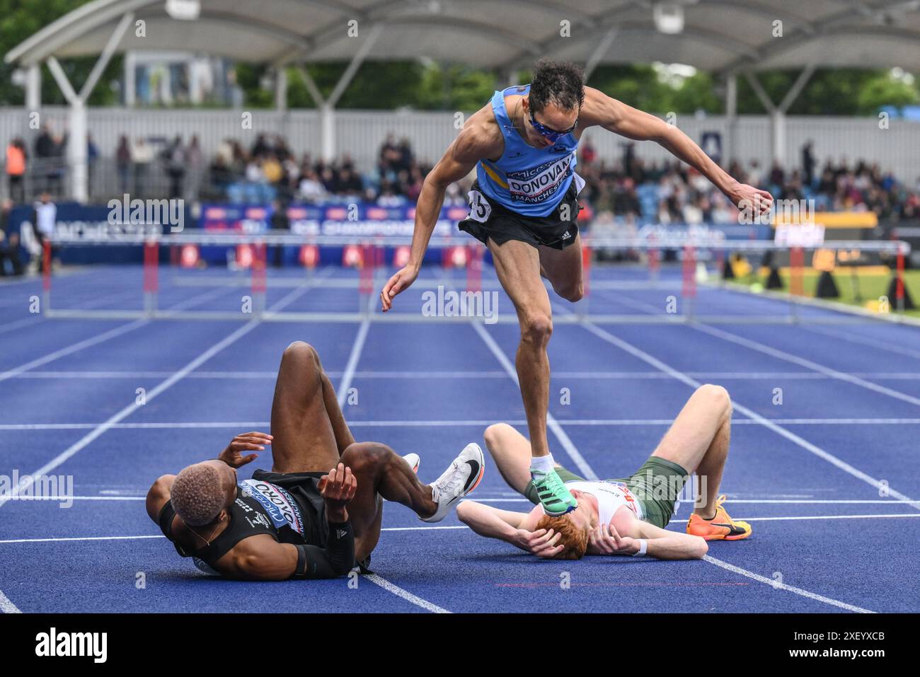 Efekemo Okoro, Tyri Donovan and Alastair Chalmers at the finish line during the Microplus UK ...
