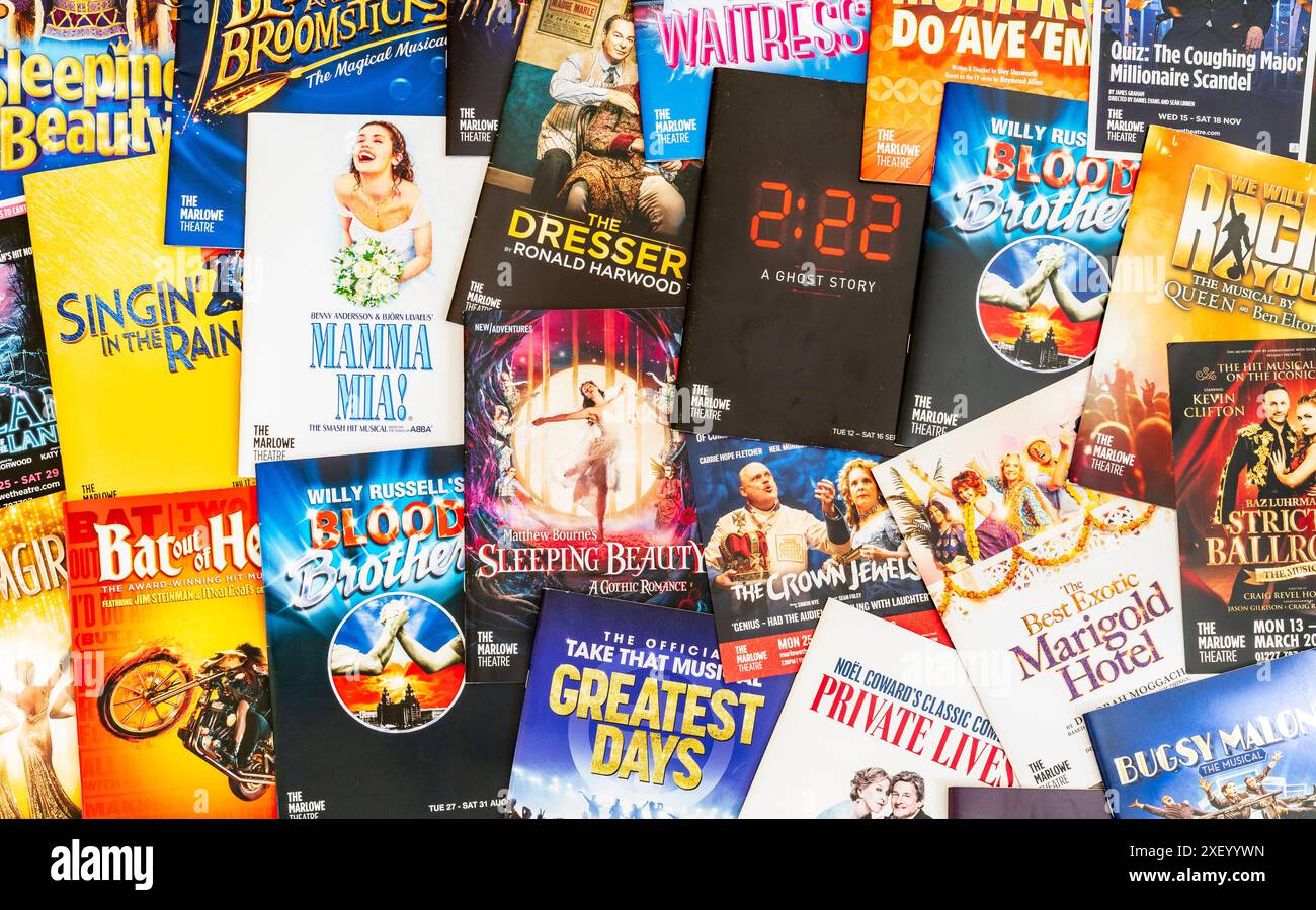 Top bottom view of assortment of various theatre programmes from ...