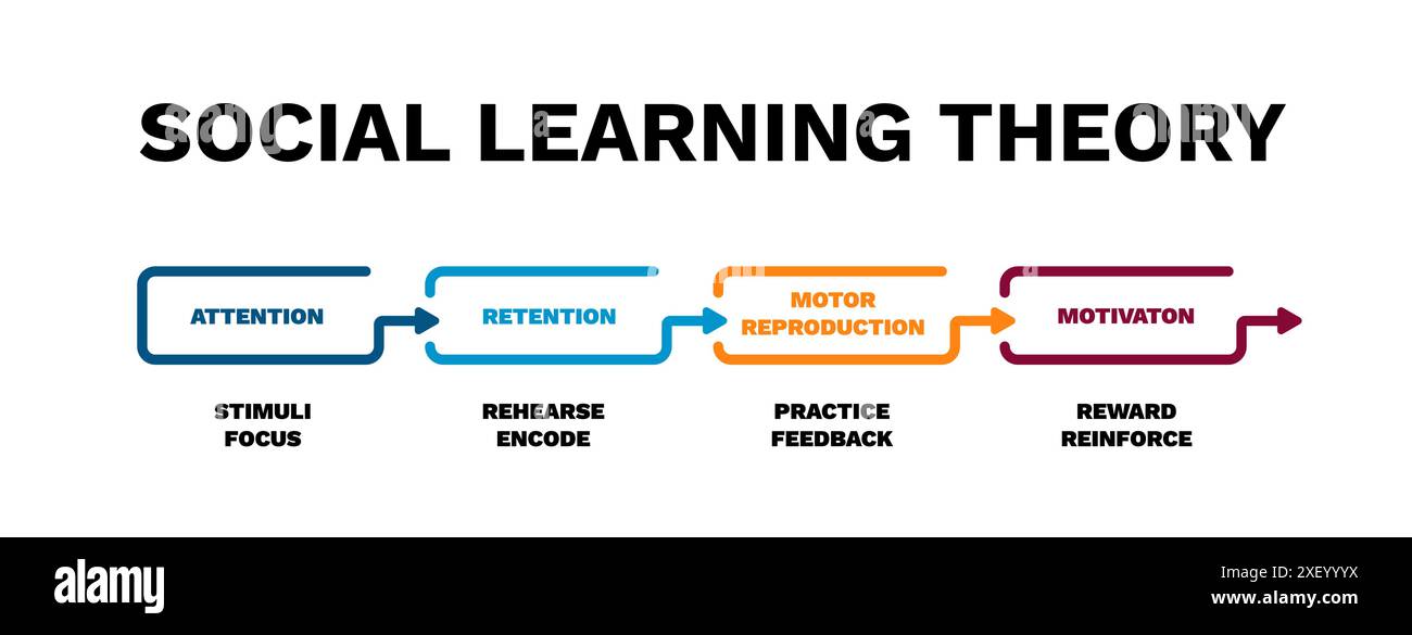 Social learning theory. Training with motivational development and research infographics Stock ...