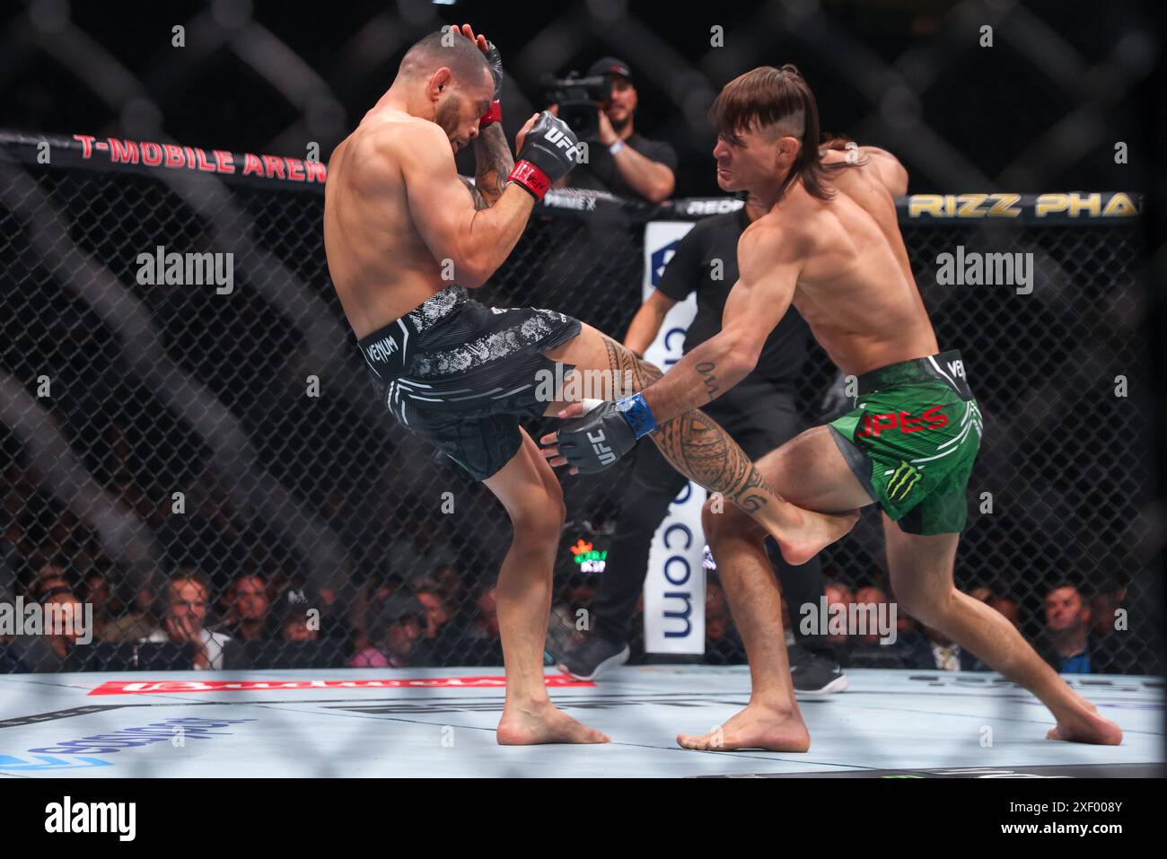 Las Vegas, United States. 29th June, 2024. Diego Lopes (blue) of Brazil ...