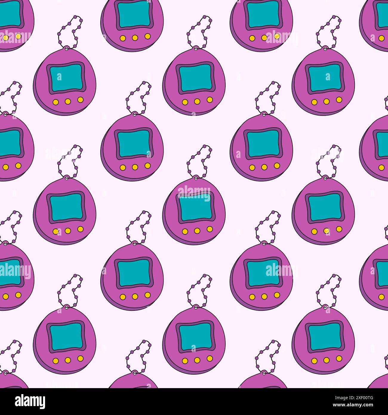 Retro seamless pattern set with purple tamagotchi. Cute vintage ... Retro seamless pattern set with purple tamagotchi. Cute vintage ...