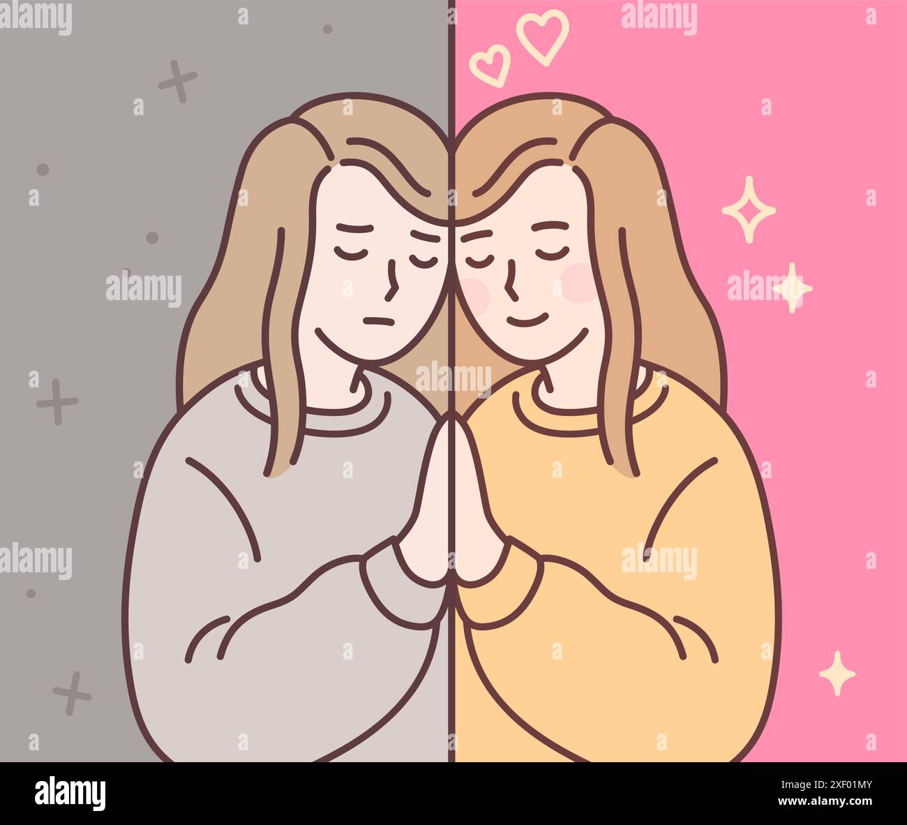 Young girl mirror reflection, sad and depressed and calm and happy ...