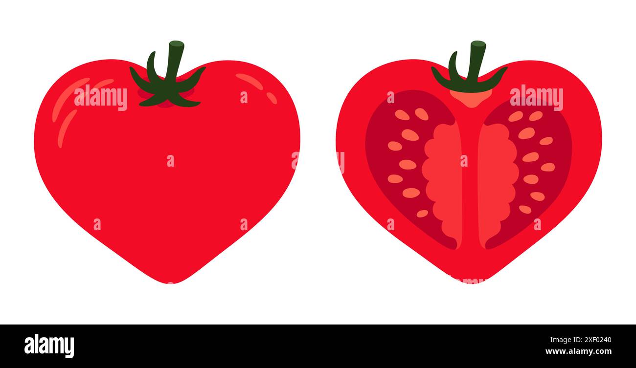 Heart shaped tomato drawing, whole and cut in half. Cute hand drawn ...