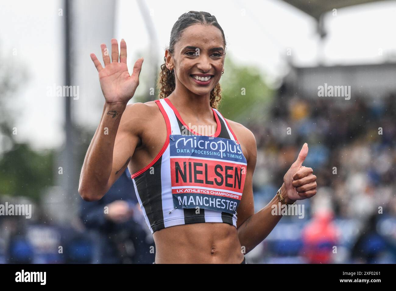 Lina Nielsen celebrates after winning the 400m hurdles during the ...
