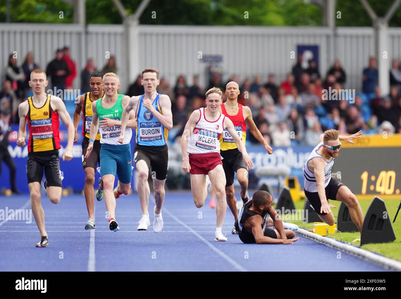 Elliot Giles and Josh Kerr fall during the Men's 800m Final during day ...