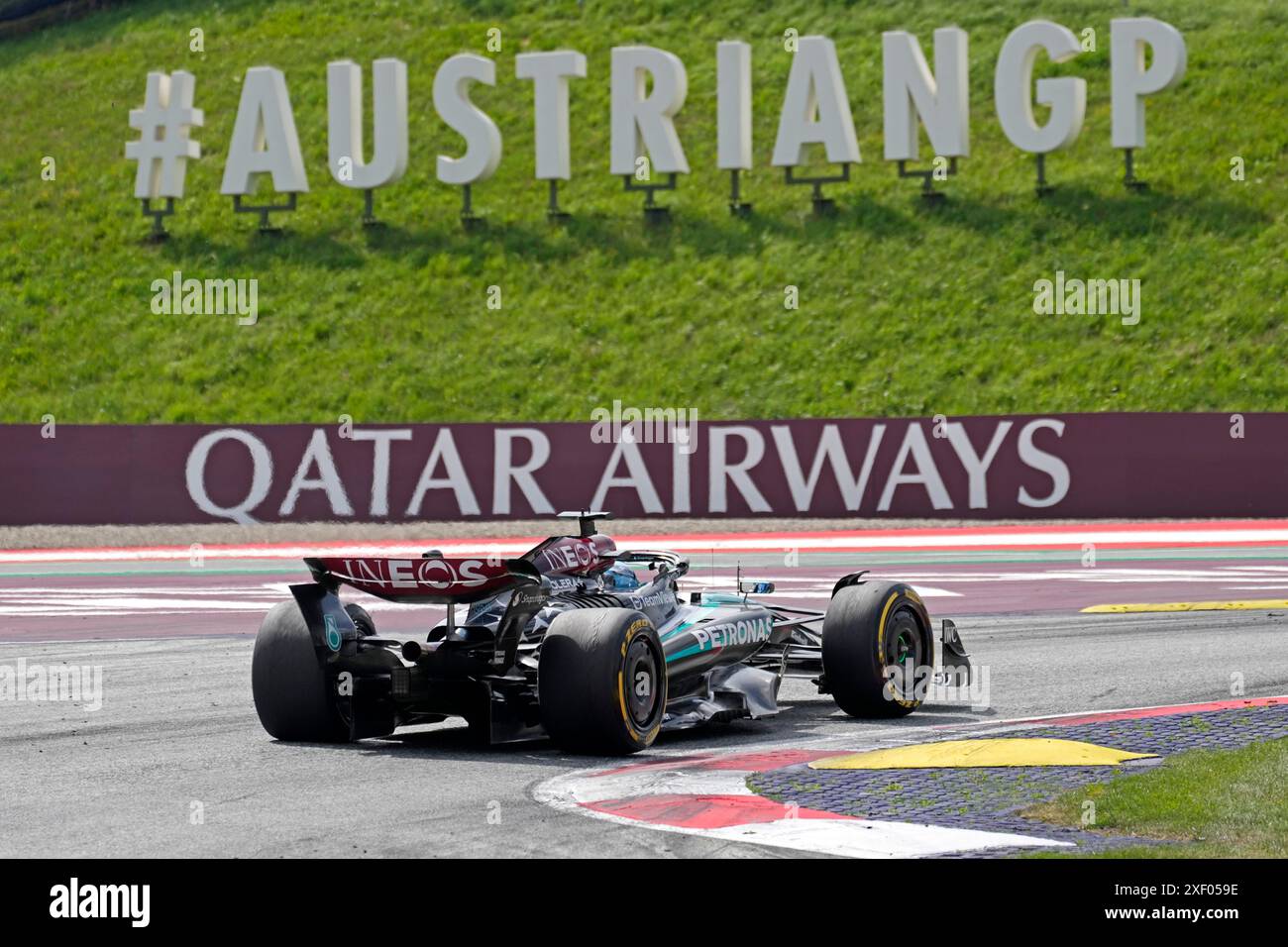 Mercedes driver George Russell of Britain steers his car during the ...