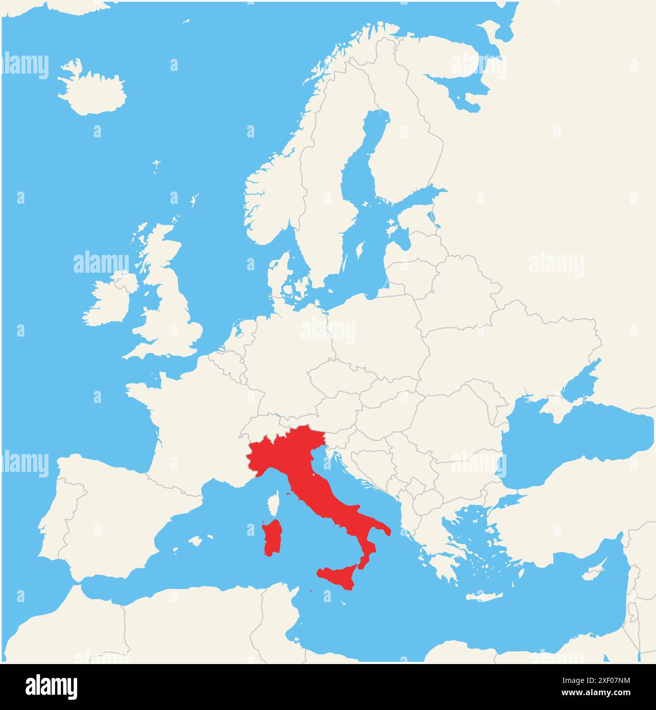Locator map showing the location of the country Italy in Europe. The ...
