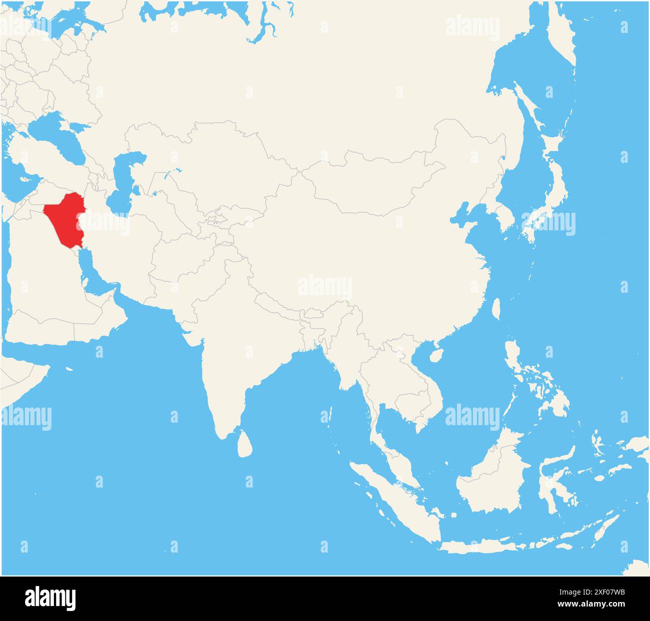 Locator map showing the location of the country Iraq in Asia. The country is highlighted with a ...