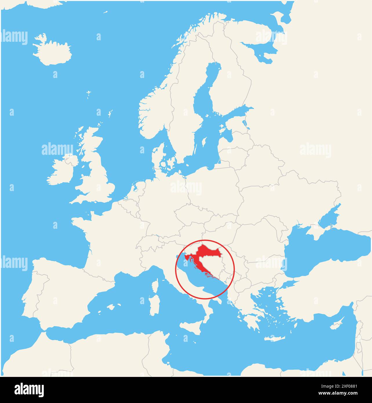 Locator map showing the location of the country Croatia in Europe. The ...