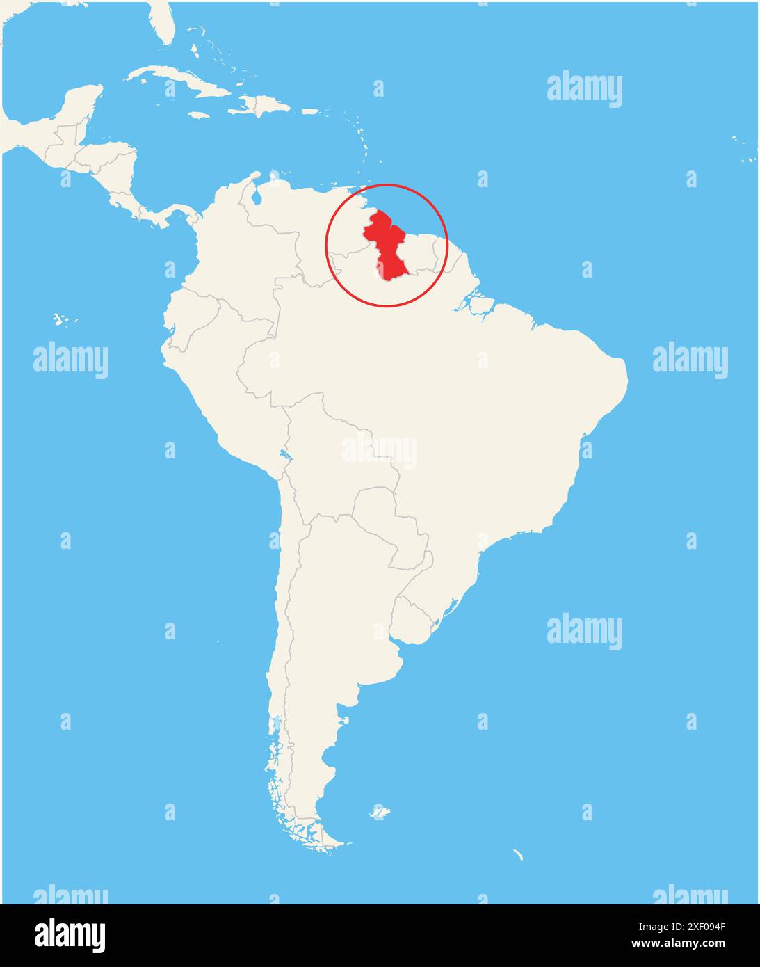 Locator map showing the location of the country Guyana in South America ...