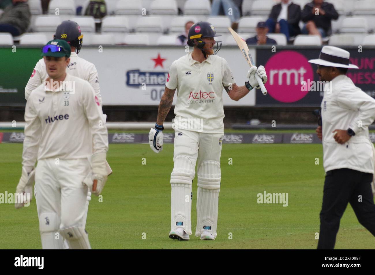 Chester le Street, 30 June 2024. Ben Stokes raising his bat after ...